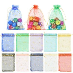 renashed 100pcs moon stars sheer organza bags with drawstring 10 colors, wedding favor bags jewelry gift bags for wedding party valentine's day, festival organza bags (5 * 7inch/ 13 * 18cm)