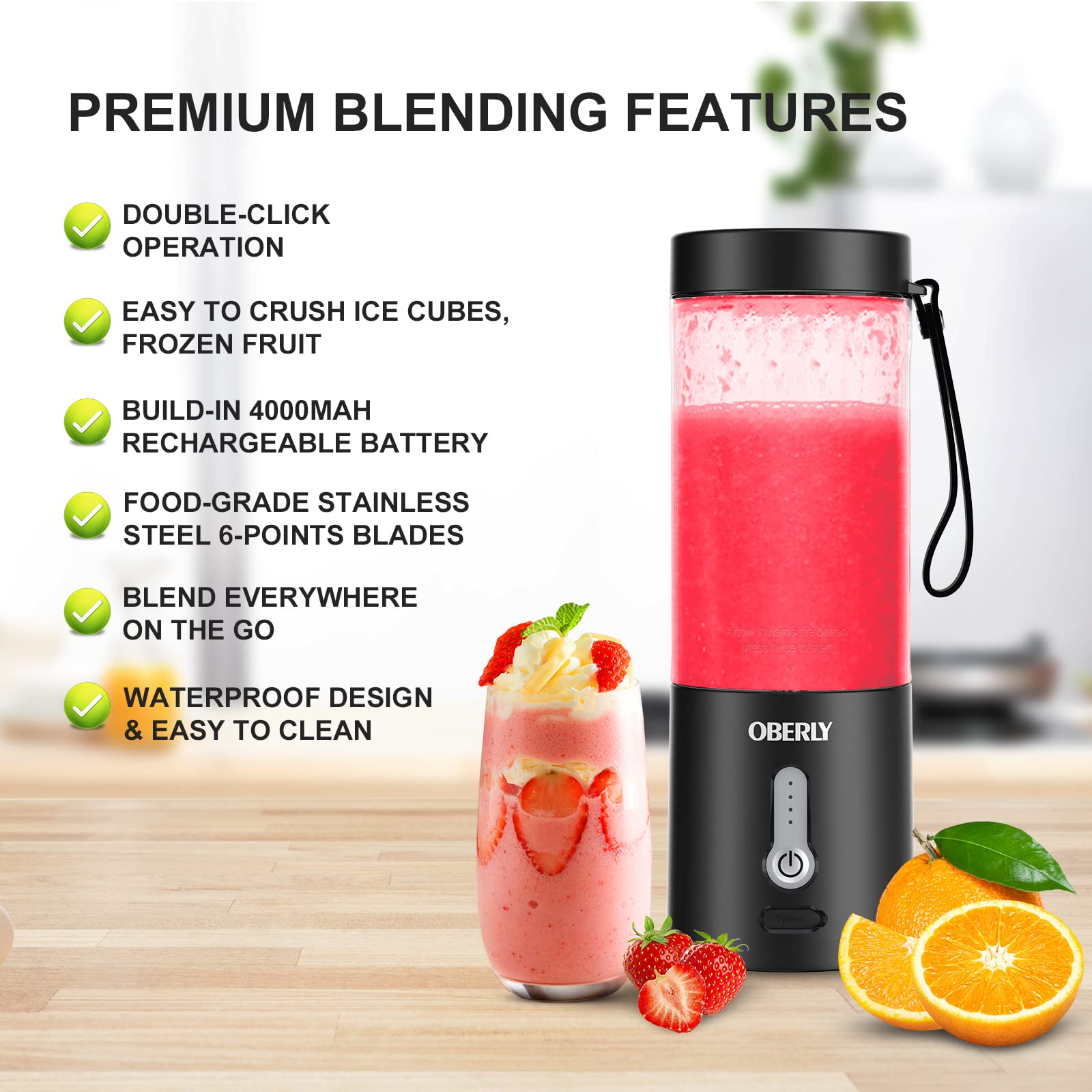 Portable Blender for Shakes and Smoothies, OBERLY Personal Travel Blender for Protein with USB Rechargeable Battery, 6-Point Stainless Steel Blades, Travel Cup for Gym, Car, Office, On the Go