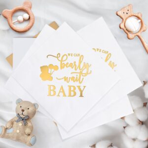 crtiin 100 pcs we can bearly wait baby shower napkins, baby shower decorations for boy, bear favors napkins cocktail dessert disposable napkin paper for boy or girl party supplies, white gold