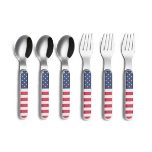 annova kids silverware 6 pieces stainless steel children's flatware set 3 x forks, 3 x dinner spoon plastic handle, toddler utensils without knives, for babies, infants bpa free (us flag)