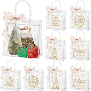 24 pcs christmas clear gift bags with bow ribbon pvc party favor bags with handles 7.8 x 7.8 x 3.1" plastic gift wrap tote bags for retail christmas wedding birthday baby shower party favors