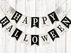 whaline 2pcs happy halloween burlap banner white black halloween party banner holiday hanging bunting garland sign for halloween party supplies fireplace wall porch decors photo prop