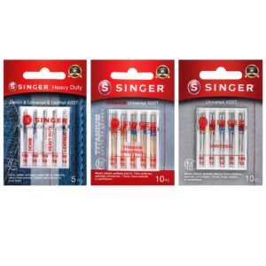 singer assorted universal regular needle and heavy duty needle bundle for general sewing in sizes 80/12, 90/14, 100/16, 110/18, 25pc set