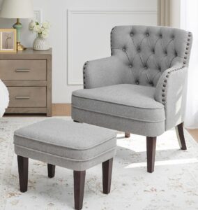 accent chair with ottoman, living room chair, footrest set vintage brass studs, button tufted upholstered armchair for room, comfy reading bedroom, reception (grey)