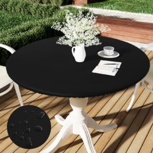 smiry round table cloth cover, elastic fitted flannel backed vinyl tablecloths for 36"-44" round tables, waterproof wipeable table covers for indoor, outdoor, picnic and camping, black