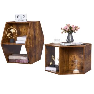 bewishome hexagonal small coffee table with storage, unique modern coffee table for living room and office, brown natural wood small end tables for small spaces set of 2, klz02z