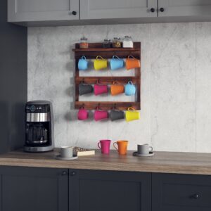 emma + oliver maxwell wall mounted wooden mug rack - rustic brown finish - 12 metal mug hooks - inlaid hanging hardware - includes screws and wall anchors