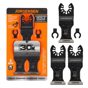 jorgensen 3 pack oscillating saw blades, tialn coated carbide multitool blades with 2 adapters, universal multi oscillating tool blade kits for hard material, hardened metal, nails, bolts, screws