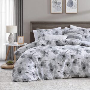 dkny bedding modern bloom 3-piece floral cotton duvet cover set, king, grey