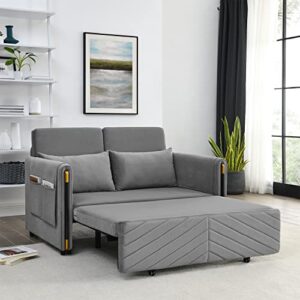 jeeohey pull out couch bed w/headboard, 54" modern velvet convertible sleeper sofa bed, small love seat sofa bed with 2 pillows & detachable side pockets for small space, living room, apartment, grey