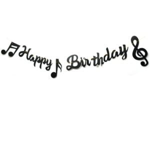 paity music happy birthday banner party decorations, notes decorations note garland black , birthday, theme baby shower school bulletin board craft home wall decor pre-strung (black)