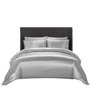 opulence bedding silk satin duvet cover set silver oversized king 3 piece (duvet cover + 2 pillowcases) comforter cover oversized king size zipper closure