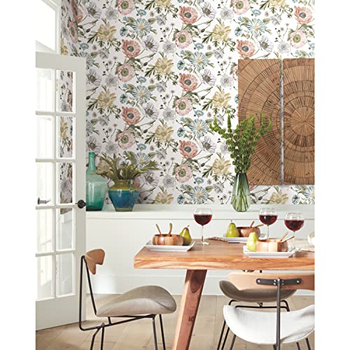 RoomMates RMK12281PL Vintage Poppy Peel and Stick Wallpaper, 20.5 inches Wide x 18 feet, Pink/Green, 30 Sq Ft