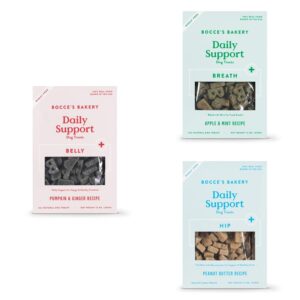 bocce's bakery daily support treat bundle for dogs, wheat-free dog treats, made with real ingredients, baked in the usa, supports digestive health, all-natural biscuits (belly, breath & hip) 12 oz