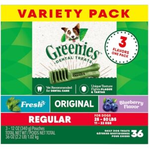 greenies regular natural dental care dog treats, 36 oz. variety pack, 3 packs of 12 oz. treats