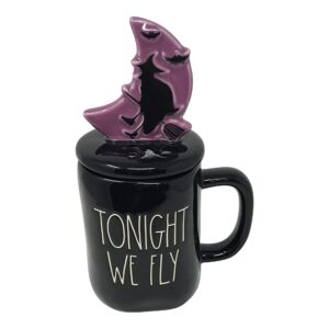 rae dunn ceramic halloween mug with decorative lid (tonight we fly/black/purple)