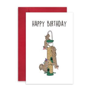 leinessy bird feeder happy birthday card, funny birthday card for dad husband friend, lovely squirrel bday card