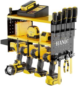 handt power tool organizer, wall mount drill holder garage storage rack, pegboard screwdriver holder with magnet bar & organization bin, cordless drill battery charging station utility shelf, yellow