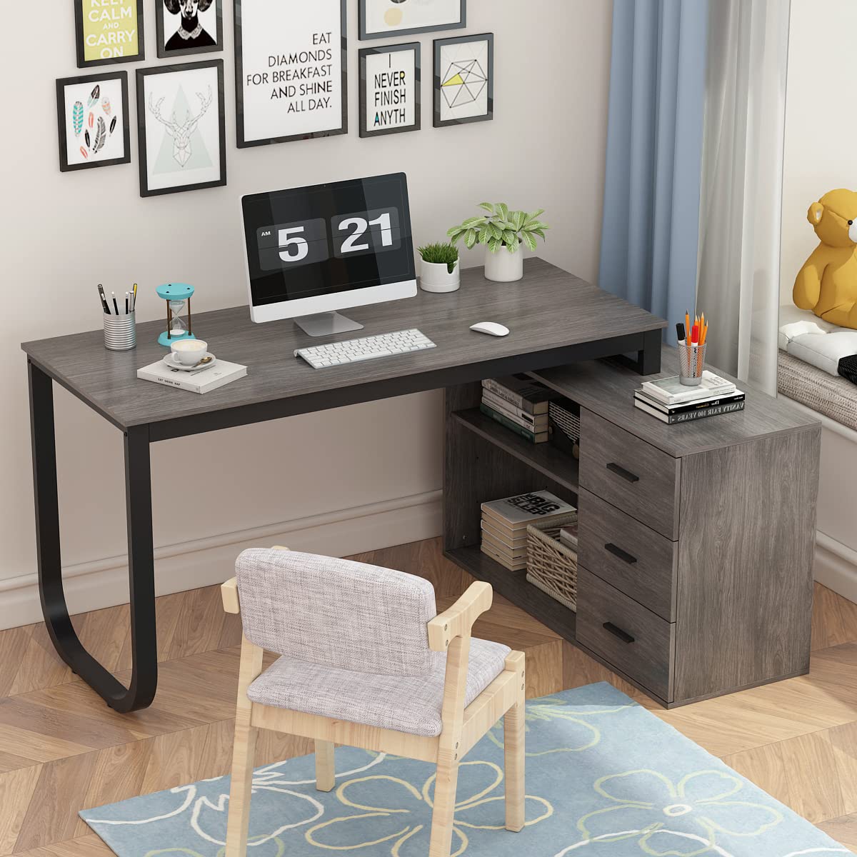 FUFU&GAGA Large 55.1" L-Shaped Office Desk with 41.3" File Cabinet, Corner Computer Desk with 3 Drawers & 2 Shelves, Workstation Executive Desk with Storage Shelf for Home Office - Grey