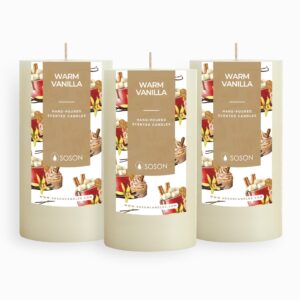 simply soson warm vanilla sugar scented candle for home - set of 3-3x4 ivory pillar candle - scented candle gift, aromatherapy candle, candles for home scented, candles for women, fall candles