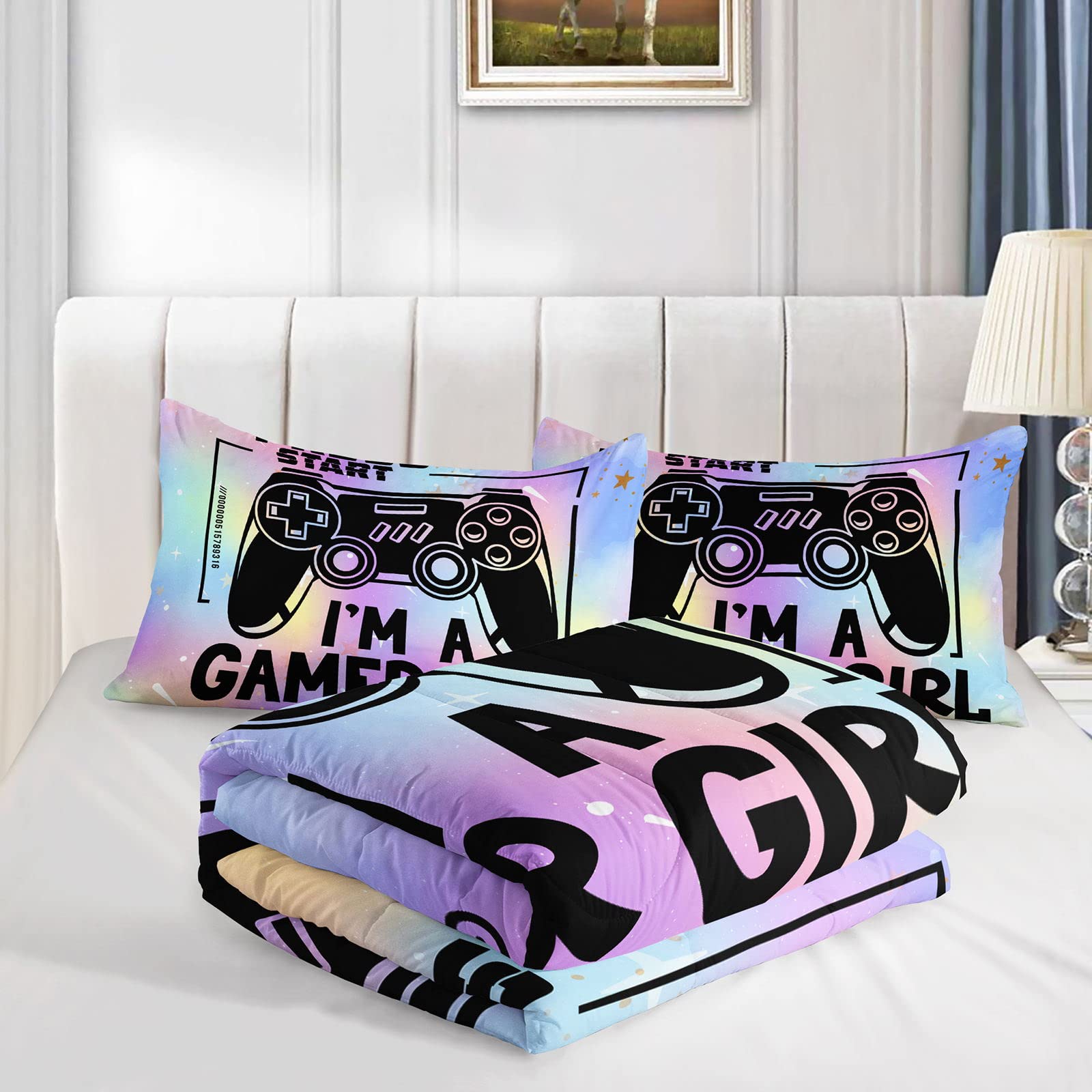 BailiPromise Kids Gamer Comforter Set Girls Pink Purple Gamepad Print Quilt Bedding for Boys and with 1 2 Pillowcases All Season（Purple Twin） Twin 68x86inches