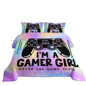 BailiPromise Kids Gamer Comforter Set Girls Pink Purple Gamepad Print Quilt Bedding for Boys and with 1 2 Pillowcases All Season（Purple Twin） Twin 68x86inches