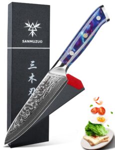 sanmuzuo 5 inch kitchen utility knife - xuan series - vg10 damascus steel kitchen knives - resin handle (sapphire blue)