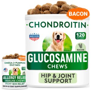 allergy relief + glucosamine dog treats bundle - joint pain relief + itchy skin relief - omega 3 + pumpkin, enzymes + chondroitin, msm - hip & joint care + seasonal allergies - 240 chews - made in usa