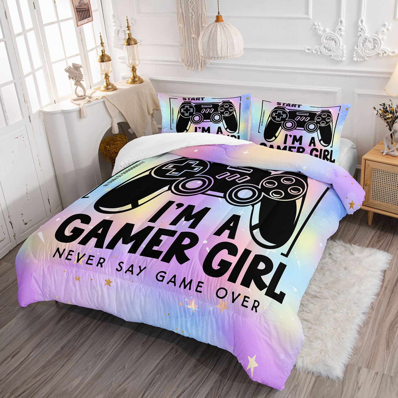 BailiPromise Kids Gamer Comforter Set Girls Pink Purple Gamepad Print Quilt Bedding for Boys and with 1 2 Pillowcases All Season（Purple Twin） Twin 68x86inches