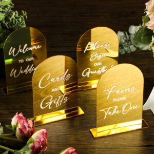 woanger 4 pcs arch acrylic wedding reception signs with stand gold gifts and cards sign with holder arched round top welcome wedding signs 4 x 6 acrylic signs please sign our guest book sign for