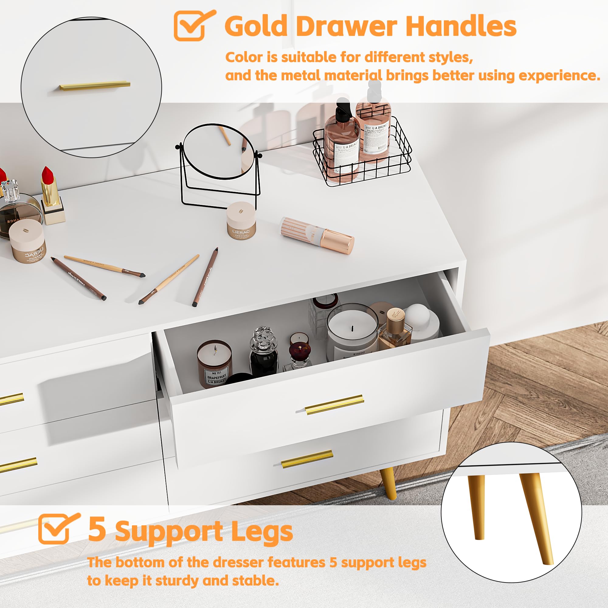 JOZZBY Dresser for Bedroom with 6 Drawers, Wooden White Dresser with Golden Handles, Modern Chests of Drawer Storage Organizer for Hallway, Entryway