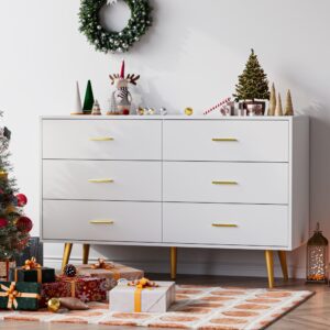 jozzby dresser for bedroom with 6 drawers, wooden white dresser with golden handles, modern chests of drawer storage organizer for hallway, entryway