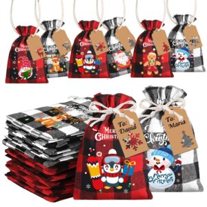 ximishop 36pcs christmas burlap gift bags,christmas buffalo plaid drawstring bags christmas jute linen burlap treat candy goodies drawstring bags with tags for xmas favors supplies