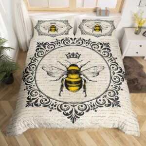 erosebridal sweet honey bee bedding sets queen cute kawaii animal comforter cover retro vintage style bed sets 70s 80s grunge duvet cover old newspaper print quilt cover breathable 3pcs