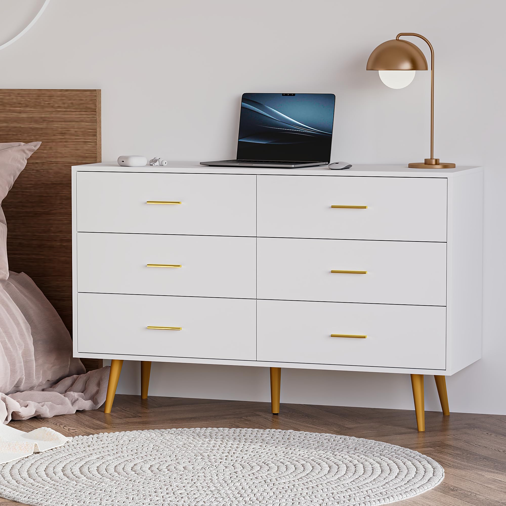 JOZZBY Dresser for Bedroom with 6 Drawers, Wooden White Dresser with Golden Handles, Modern Chests of Drawer Storage Organizer for Hallway, Entryway