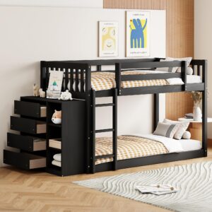 harper & bright designs twin over twin low bunk bed with storage,floor bunk bed frame with 4 drawers and 3 shelves, solid wood loft bed for kids girls boys - espresso