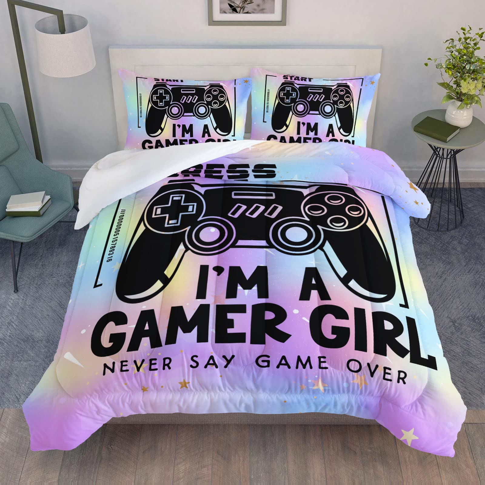 BailiPromise Kids Gamer Comforter Set Girls Pink Purple Gamepad Print Quilt Bedding for Boys and with 1 2 Pillowcases All Season（Purple Twin） Twin 68x86inches