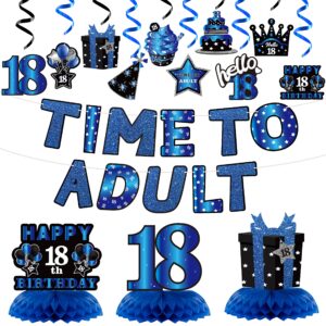 watinc 26pcs 18th blue black birthday banner party decorations set, time to adult 18 birthday decorations hanging swirls banner honeycomb centerpieces for boys girls happy 18 bday