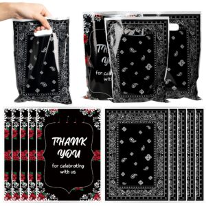 bkeecten 50pcs black bandana party favors bag with handle plastic chicano thank you gift goody treat candy bags black western bandana return gift bags for old school cholo theme birthday party supply