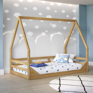 p'kolino casita twin floor bed - montessori inspired floor bed - solid fsc certified wood bed for kids - natural wood