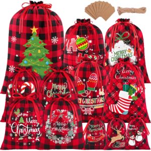 aneco 12 pieces christmas drawstring gift bag with drawstrings red and black buffalo plaid fabric bag with drawstring cotton xmas candy bags with 24 tags rope, assorted sizes