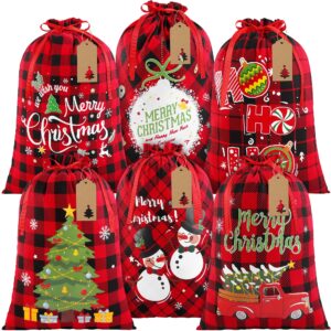 aneco 6 pieces christmas drawstring gift bags red and black buffalo plaid fabric bag cotton xmas candy bags with 24 tags and 16 feet rope for christmas party supplies, 15.7 x 11.8 inch