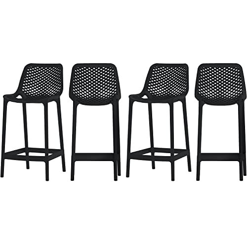 Meridian Furniture 330Black Mykonos Collection Modern | Contemporary Outdoor Patio Stool with Black Polypropylene Plastic, Weather Resisting, 17.5" W x 21" D x 38" H, Black, Set of 4