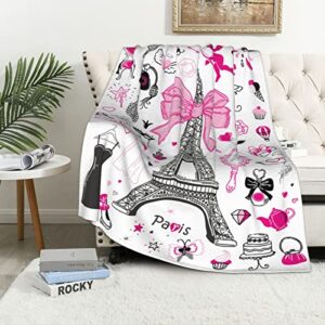 romantic paris throw blanket girly pretty gifts for women girls super soft warm bed bedding blankets for couch bedroom sofa office decor, all season cozy flannel plush blanket, 70 x 50 inch