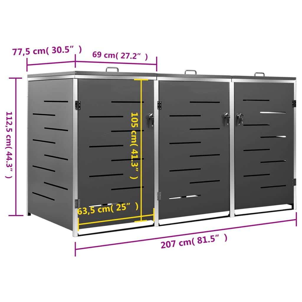 vidaXL Triple Wheelie Bin Shed - Stainless Steel Frame, Outside Bin Storage - Anthracite Colored, Galvanized Steel Panel, Spacious, Anti-Rust, Lockable