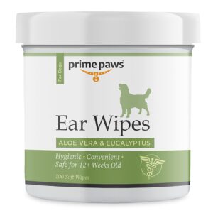 prime paws ear wipes for dogs - address itchy dog ears & help remove wax - dog ear cleaner wipes for daily ear care - canine otic cleanser wipes with aloe vera & pet-safe eucalyptus - 100 ct