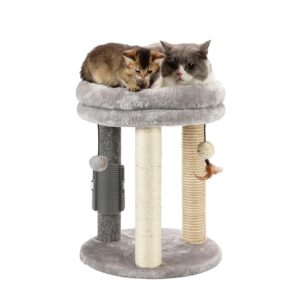 mecool 4in1 small cat tree,scratching post with tower soft cat bed, sisal carpet jute posts with three hanging ball toys and massage brush for indoor cats and kittens