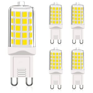 gohdlamp g9 led bulbs, 40 watt equivalent t4 chandelier light bulb, 6000k daylight white 450 lumens, bi-pin g9 base non-dimmable, 4w led bulb 360 degrees beam angle 5 pack