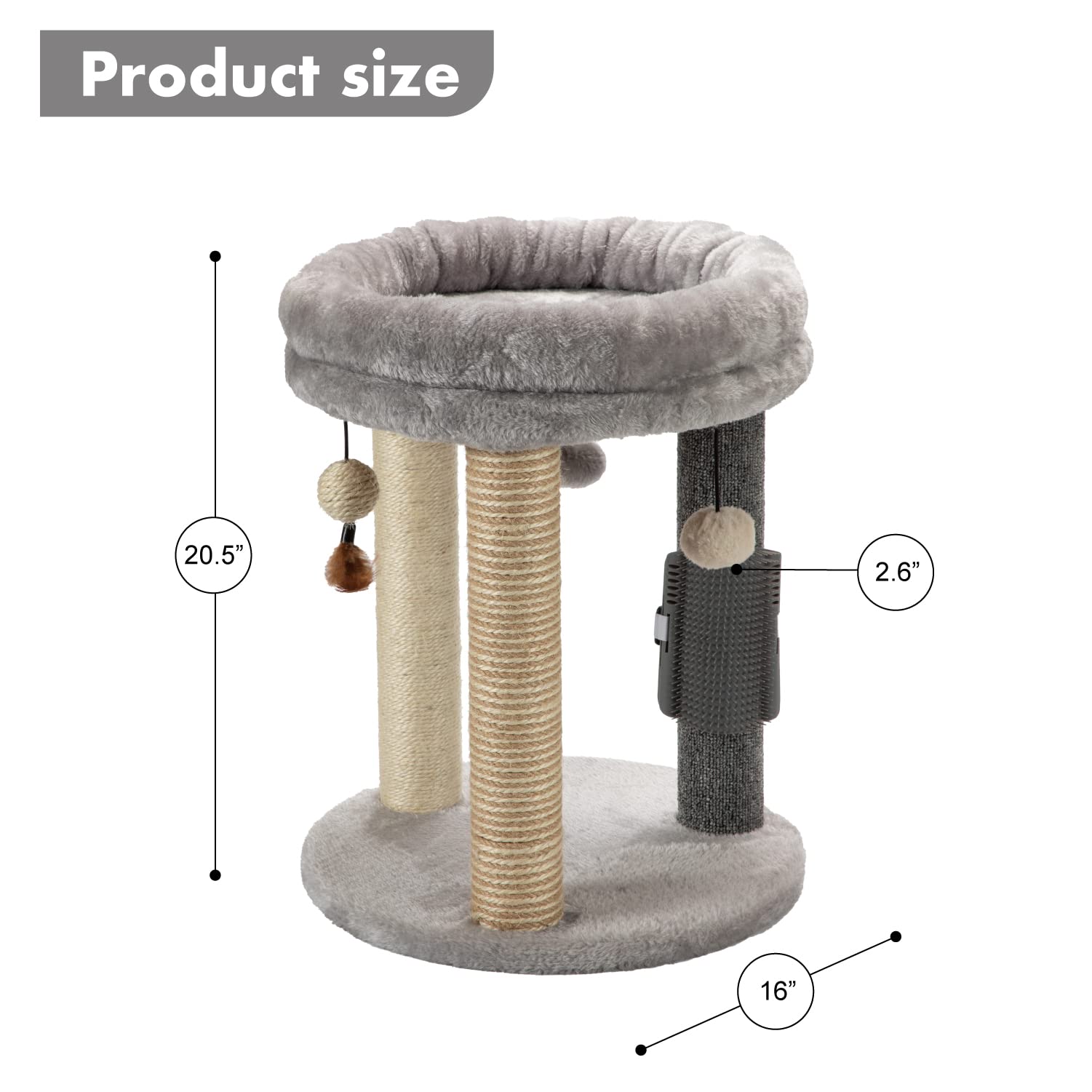 MECOOL 4in1 Small Cat Tree,Scratching Post with Tower Soft Cat Bed, Sisal Carpet Jute Posts with Three Hanging Ball Toys and Massage Brush for Indoor Cats and Kittens