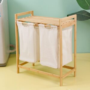 bamboo laundry hamper basket,portable laundry basket,2 sections laundry clothes hamper sorter with removable sliding bag shelf,storage wooden laundry sorter for bedroom,laundry,bathroom